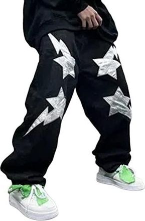 ORANDESIGNE N Blanc Jean Hip Hop Homme Coupe Droite Vintage Denim Pantalons à Imprimé Étoiles Baggy Lâche Fit Jambe Droite Pantalon Rétro Y2K Streetwear Unisexe S