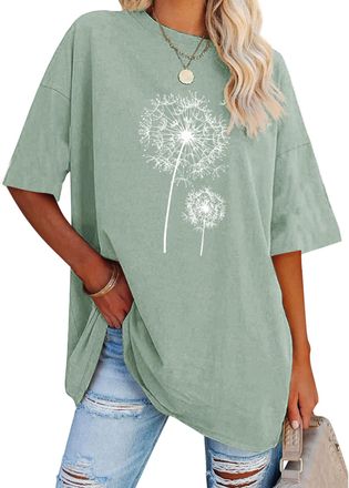 Dresswel Tshirt Damen Oversize Pusteblume Druck T-Shirt Kurzarm Rundhals L&auml;ssiges L&ouml;wenzahn Blumen Tee Shirts Sommer Oberteile Lose Lang Tops Bluse f&uuml;r Teenage