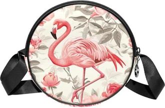 Generic Petit sac &agrave; bandouli&egrave;re circulaire pour femme, motif flamant rose, sac &agrave; bandouli&egrave;re avec fermeture &eacute;clair, bretelles r&eacute;glables, sac &agrave; main rond d&eacute;con
