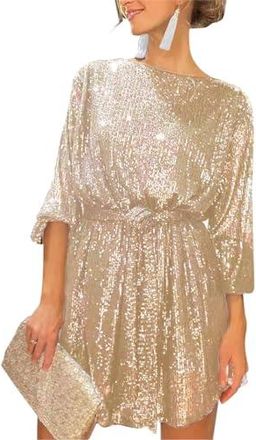 ORANDESIGNE Robe de Paillettes à Col V pour Femme de Soirée Asymétrique Épaules Nues Chic Robe-Mini Brillante Paillette Disco à Manches Longues A Or XL