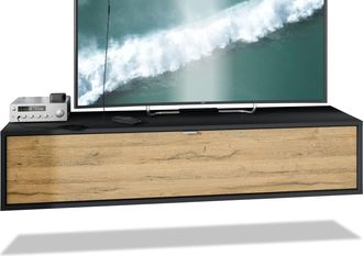 Vladon TV Board Lana 140 Hängeschrank Lowboard 140 x 29 x 37 cm, Made in Germany, Korpus in Schwarz matt, Fronten in Eiche Natur | Große Farbauswahl