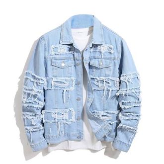Generic Veste en jean pour hommes veste en jean slim d&eacute;chir&eacute;e manteau streetwear (Bleu,Grand)
