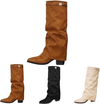 Generic Bottines en cuir pour femme - Avec talon bloc - Bottes souples - Pliables - Bottes longues - Couleur unie - Élégantes - Bottes à talons hauts - Bottes