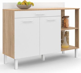 IDMarket Buffet bas de cuisine 120 cm cina plan de travail H.83 cm 2 portes + tiroir façon hêtre et blanc