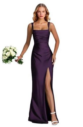 Generic Robe de demoiselle dhonneur en satin pour femme - Robe de bal sir&egrave;ne - Bretelles spaghetti - Corset long pliss&eacute; - Robe de soir&eacute;e formelle avec fente, 