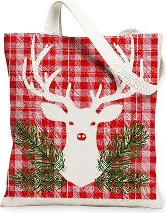 Generic Sacs fourre-tout en toile motif cerf de No&euml;l, sacs d&eacute;picerie r&eacute;utilisables, sacs d&eacute;picerie vintage, l&eacute;gers et lavables, Rouge, 13x15 Inch