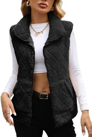 Feoya Gilet en polaire pour femme - Gilet en peluche avec poches - Décontracté - Sans manches - Col montant - Veste dhiver, Noir, M