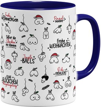 OM3 Lustige Jingle Balls Weihnachts Kaffee-Tasse mit Penisse - Pimmel Tasse Penis-Muster Doodle - Keramik Becher - 325ml - Beidseitig Bedruckt - Dunkelbla