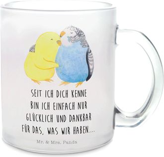 Mr. & Mrs. Panda Teetasse Wellensittich Liebe - Geschenk, Umarmen, Teebecher, Kuscheln, V&ouml;gel, Heiratsantrag, Tasse mit Henkel, Liebesgeschenk, N&auml;he