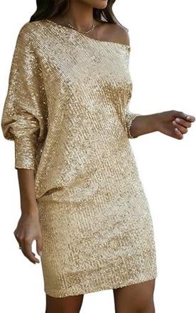 Generic Mini robe asym&eacute;trique &agrave; paillettes &agrave; &eacute;paules d&eacute;nud&eacute;es pour femme - Robe de soir&eacute;e formelle &agrave; paillettes, dor&eacute;, XXL