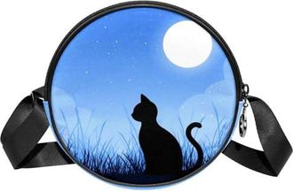 Generic Petit sac &agrave; bandouli&egrave;re rond pour femme, motif chat et herbe clair de lune avec fermeture &eacute;clair, bretelles r&eacute;glables, sac &agrave; main rond d&eacute;contract&eacute; pou