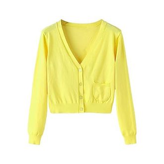 Generic Femmes Printemps Automne Manches Longues Tricot&eacute; Pull Court Cardigan Drap&eacute; Devant Veste, jaune, XXL