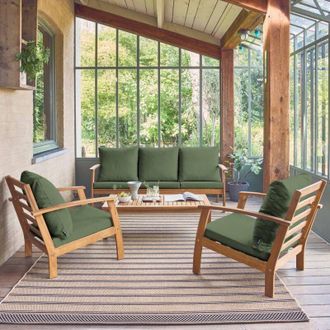 Sweeek Salon de jardin USHUAIA 5 places kaki en bois dacacia. un canap&eacute;. une table. deux fauteuils