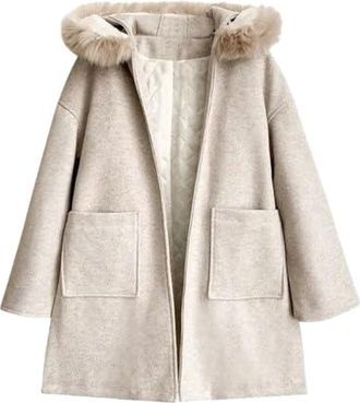 Generic Manteau dhiver mi-long pour femme avec col en laine épaisse et manches longues, beige, S