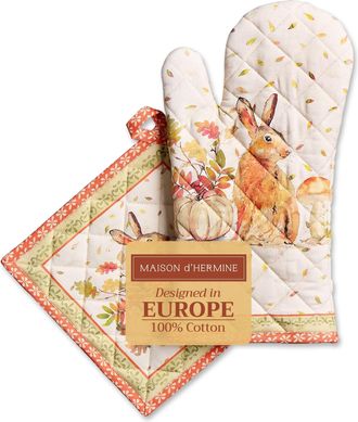 Maison d'Hermine Ofenhandschuh + Topflappen, 100% Baumwolle, hitzebest&auml;ndiger K&uuml;chenhandschuh Ofenhandschuh(19cm x 33cm) & Topflappen(20cm x 20cm) f&uuml;r Koch, Pumpkin Pa