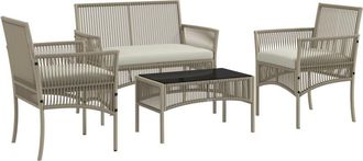 OUTSUNNY Salon de jardin 4 places 4 pi&egrave;ces style colonial table basse coussins inclus r&eacute;sine tress&eacute;e fil&eacute;e aspect rotin taupe clair