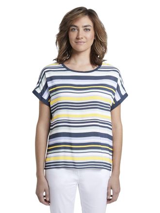 Tom Tailor Damen Rundhals T-Shirt, 24517-navy Multicolor STRI, L