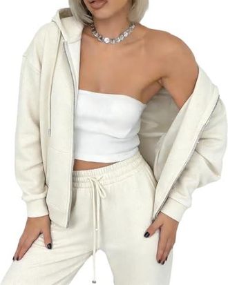 Generic Surv&ecirc;tement pour femme 2 ensembles strass fermeture &eacute;clair sweat &agrave; capuche pantalon baggy ensemble de surv&ecirc;tement pour femme, abricot, 3XL