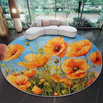 Generic Tapis Rond en Flanelle 120 cm, Peinture à lhuile Peinture de Coquelicots Fleurs Imprimé, Jaune Orangé Tapis Circulaire Doux et Confortable antidérapan