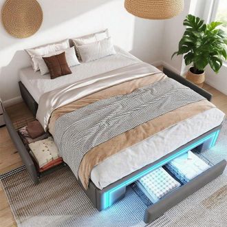 Generic Bettgestell 140X200 mit Schubladen, PU-Leder Bett ohne Kopfteil Mit LED-Lichtleiste, MetalllattenPlattformbett für Moderne Schlafzimmer Grau (Gray + U