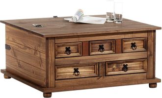 IDIMEX Mexico Möbel Truhentisch Tequila Couchtisch Truhe Wohnzimmertisch Beistelltisch im Mexiko Stil mit 5 Schubladen in braun