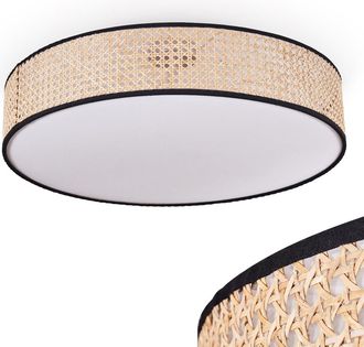 HOFSTEIN Deckenleuchte Foggia, Deckenlampe aus Metall/Rattan/Kunststoff in Nickel-matt/Natur/Schwarz/Weiß, runde Leuchte im Boho-Design (Ø 60 cm), E27, Esszimm