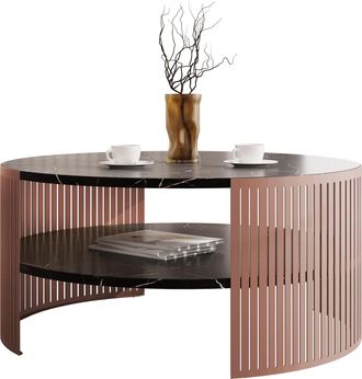 Mirjan24 Couchtisch mit Ablage Fahugin, Runde Form, Beine aus Metall, Kaffeetisch, Wohnzimmertische, Beistelltisch, Sofatisch, Teetisch (Black Pietra Grigia, K