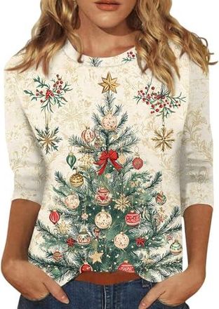 Generic Chemise surdimensionn&eacute;e pour femme, motif renne, P&egrave;re No&euml;l, automne hiver, manches 3/4, sweatshirts l&eacute;gers 2024 pour femmes, beige, L