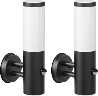 LEDs Com 2 Stück Wandleuchte PORU für außen, IP44, Bewegungsmelder, Edelstahl, schwarz matt, rund, 1x E27 max. 15W