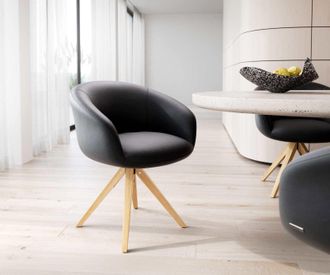 DELIFE Drehstuhl Vinka-Flex mit Armlehnen Echt-Leder Schwarz Holzgestell kantig Natur 180&deg; drehbar Taschenfederkern, Esszimmerst&uuml;hle