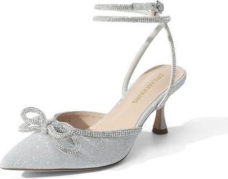 Dream Pairs Escarpins Femme Petit Talon Slingback &Agrave; Bout Pointu avec Noeud Strass Et Bride Cheville - Chaussures De Soir&eacute;e Mariage C&eacute;r&eacute;monie,Size 38.5,Argent,DWUM