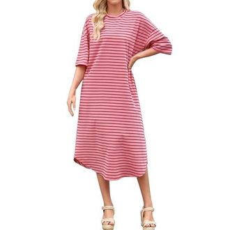 Generic Mini robe t-shirt en coton pour femme - Robe d&eacute;t&eacute; d&eacute;contract&eacute;e &agrave; manches courtes et &agrave; rayures avec poches - Robe d&eacute;t&eacute; boh&egrave;me pour la plage, les vacanc