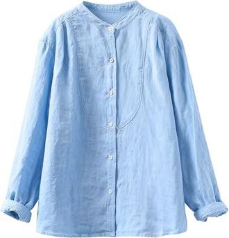 Generic Chemisier en lin &agrave; manches longues pour femme - Chemisier basique en mousseline de coton de couleur unie - Chemisier en lin avec boutons - T-shirt boh
