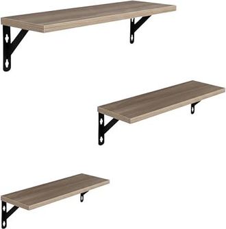 Relaxdays Wandregal Set, 3 Gr&ouml;&szlig;en: 30/35/ 40 cm Breite, Industrial Design, stabile Regalbretter, MDF & Eisen, hellbraunn