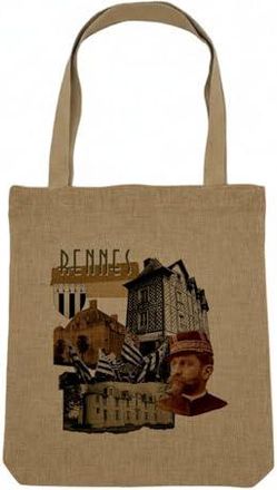 Fabulous Sac Shopping Tote Bag Aspect Lin - Rennes Collage Ville France Bretagne Embl&egrave;mes - Sac de Courses Toile Epaisse 360g Beige Naturel Cabas Port&eacute; Epaule 