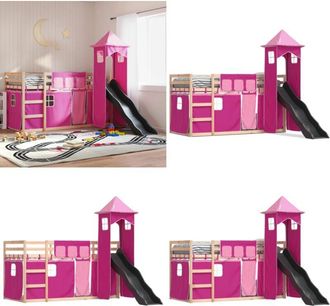 vidaXL Etagenbett mit Rutsche und Gardinen Rosa 90x190 cm - Kinderhochbett - Holzbett - Etagenbett - Loftbett - Jugendzimmermöbel - Home & Living