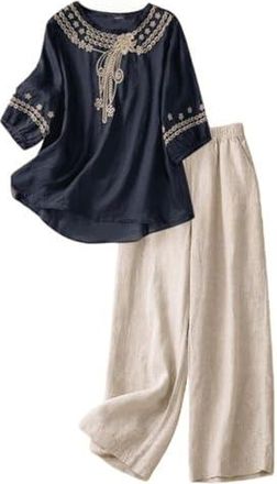 Generic Chemises brod&eacute;es &agrave; manches 3/4 en coton et lin &agrave; jambes larges pour femmes, chemises d&eacute;t&eacute;, tenues de travail, tenues de d&eacute;tente, Noir, XL