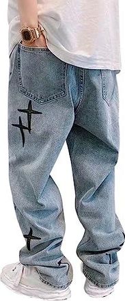 ORANDESIGNE Jeans Hip Hop Homme Jean Imprimé Coupe Droite Vintage Denim Pantalons Unisexe Femme Baggy Lâche Fit Jambe Droite Pantalon Rétro Garçons Filles Adolesc