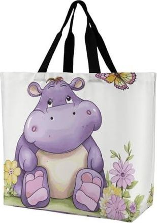 Generic Papillon Et Hippopotame Sac Fourre-Tout R&eacute;utilisable Sacs De Courses L&eacute;ger Sac A Main Femmes Pour Travail Plage Voyage