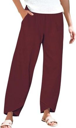 Generic Ydsxlp Pantalon Palazzo en coton et lin pour femme - Taille haute - &Eacute;lastique - Couleur unie - Coupe droite - Jambe large - Pantalon de d&eacute;tente l&eacute;ger 