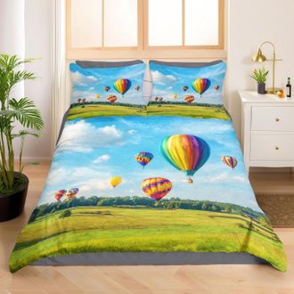 Generic Bettw&auml;sche 135x200 Hei&szlig;luftballon und Gras 3D Bettw&auml;sche-Sets Aquarell Stil 3 Teilig Superweich Mikrofaser Bettbezug und 2 Kissenbez&uuml;g 80&times;80cm mit Rei