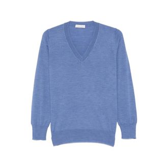 Le Tricot Perugia Blauer Melange V-Ausschnitt Wollpullover - - Knitwear - Damen - Blau - L