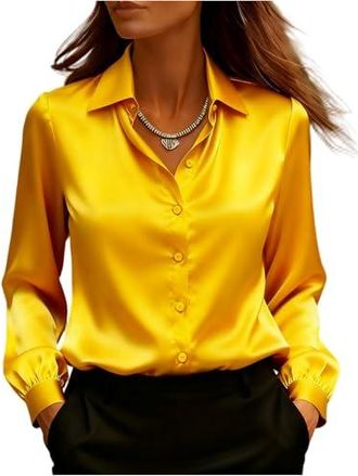 Generic Chemisier Femme Chic et &Eacute;l&eacute;gant Chemisiers et Blouses &agrave; Col en V Chemisier Ample &agrave; Manches Longues Couleur Unie Chemise en Satin Pas Cher Vetement Aut