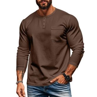 Generic Henley T-shirt &agrave; manches longues pour homme - T-shirt &agrave; manches longues avec boutonni&egrave;re - T-shirt &agrave; manches longues - Pull Henley, marron, 3XL