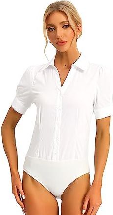 Allegra K Chemisier Body Femme de Bureau boutonné Bodysuit Une pièce à Manches Courtes Body Chemise de Travail Blanc XL