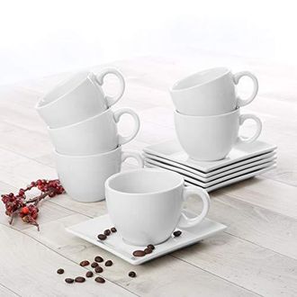 Holst Porzellan PA 151 O FA6 Set 12 Kaffee-/Cappuccino-Tassen Palermo 0,20 l mit Untere, Porzellan, 200 milliliters, Weiß