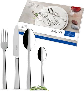 Villeroy & Boch Victor Besteckset 24 tlg. Silber/Platin, Spülmaschinenfest, Rostfrei, Besteck Set 24 teilig, Gabel, Messer, Löffel, Essbesteck Set, Edelstahl