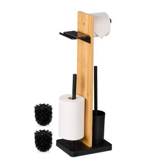 Relaxdays WC Garnitur, Bambus, HBT: 68x27x18 cm, freistehender Klopapierhalter, Ablage, Toilettenbürste, schwarz/Natur