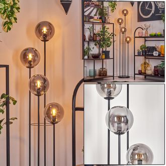 HOFSTEIN Stehleuchte Gastor, Stehlampe aus Metall/Riffelglas in Schwarz/Rauch, Leuchte im Retro/Vintage-Design mit Glasschirmen (&Oslash; 15cm) u. Fu&szlig;schalter, 148,5c