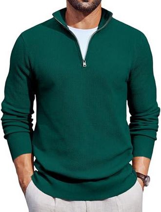 Coofandy Pull Homme Zipp&eacute; Pulls Tricot&eacute; de Travail Sweat Hiver Pull de Couleur Unie Pulls Basique &agrave; Manches Longues Vert Fonc&eacute; S